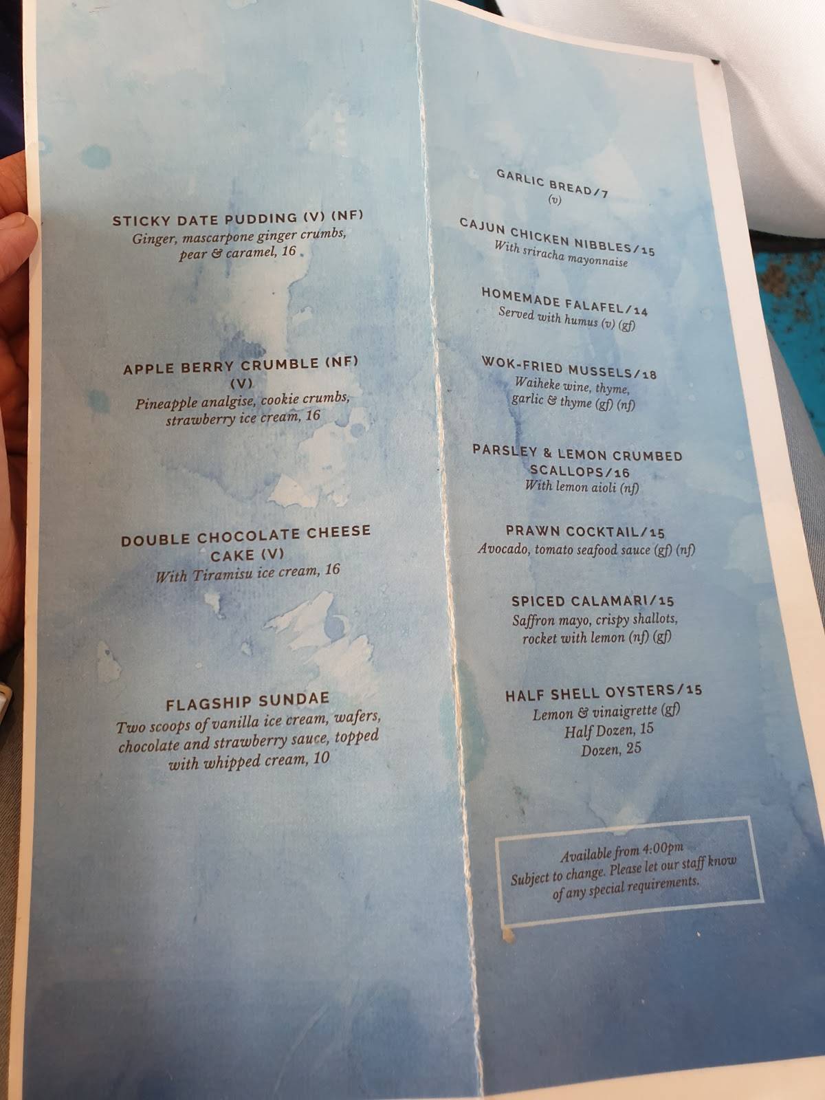 Carta de Flagship Cafe Restaurant and Bar, Auckland