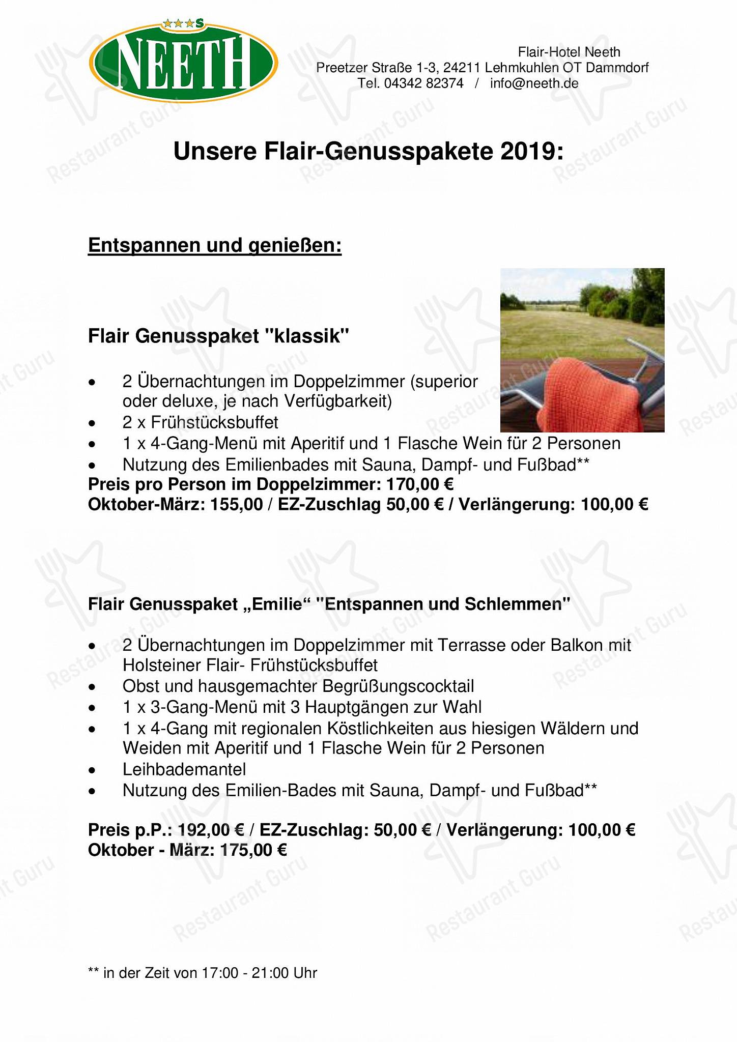 Speisekarte von Flair Hotel Neeth restaurant, Lehmkuhlen, Preetzer Str. 1-3