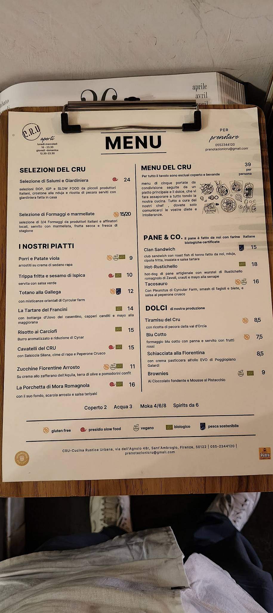 Menu at Cru - Cucina Rustica Urbana restaurant, Florence