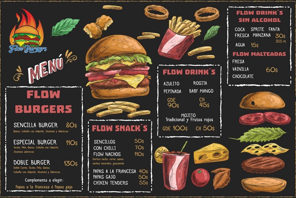 Menu at Flow Burgers pub & bar, Cuautitlán Izcalli