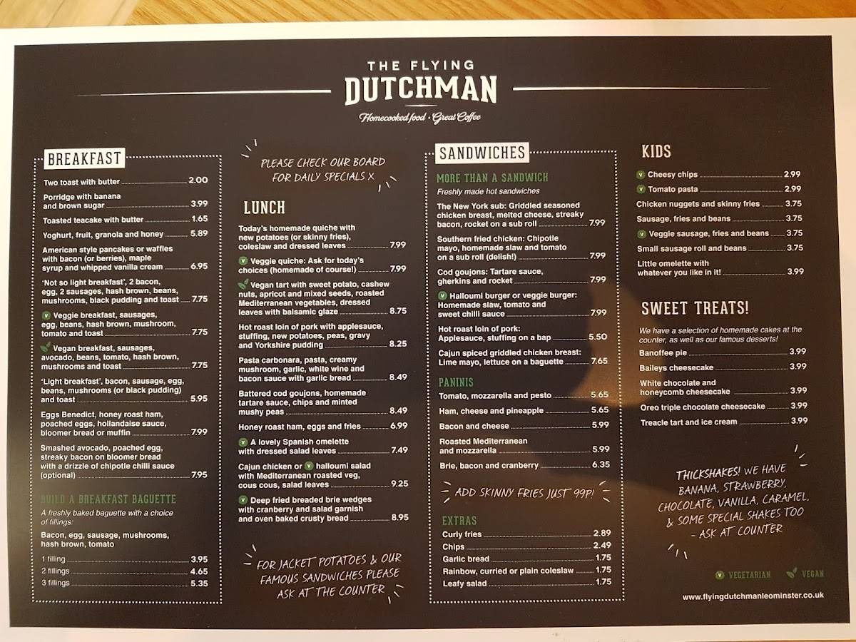 Menu at Flying Dutchman cafe, Leominster