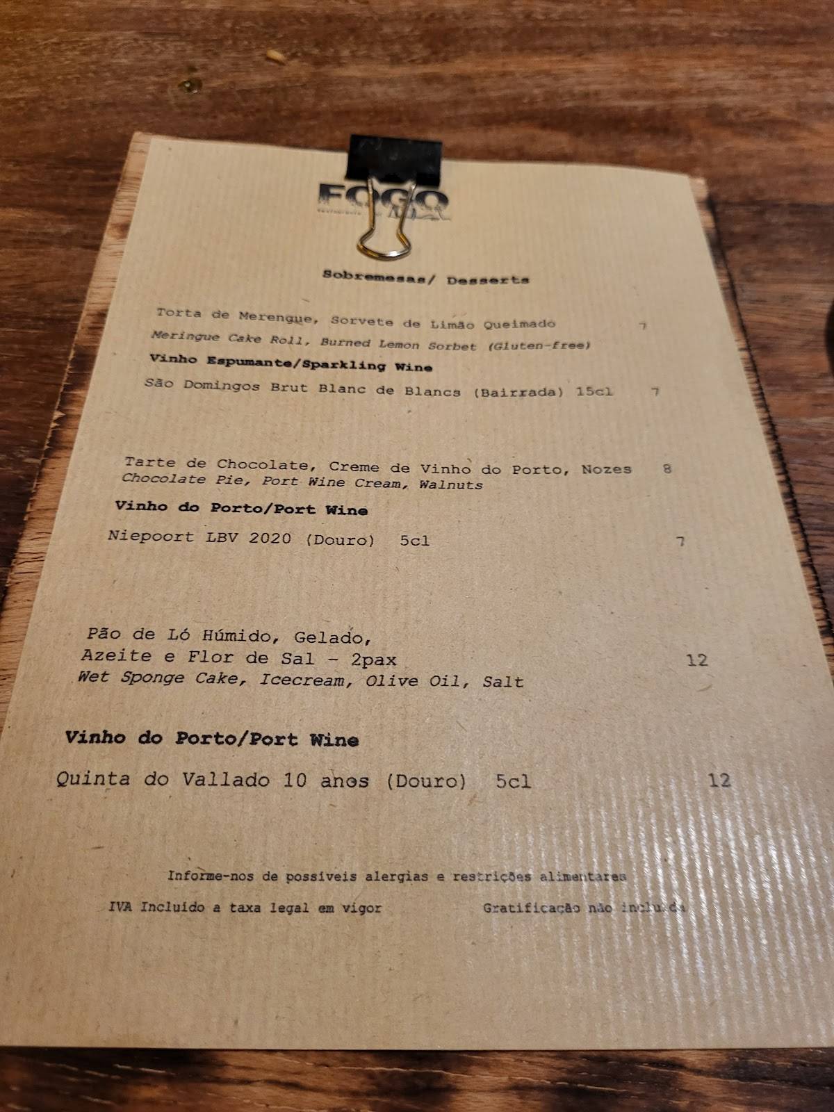 Menu at Fogo by Alexandre Silva steakhouse, Lisbon