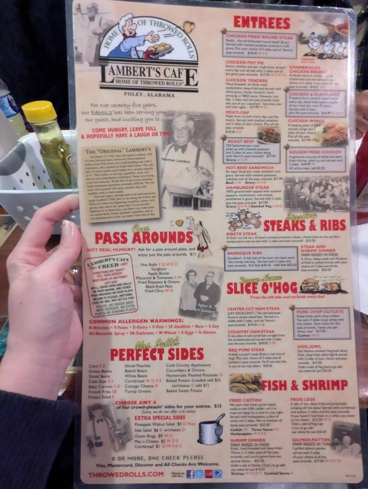 Menu at Lambert's Cafe, Foley, S McKenzie St