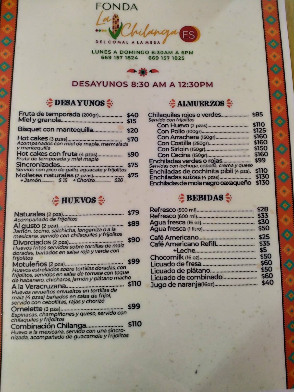 Menu at Fonda La Chilanga es restaurant, Mazatlán