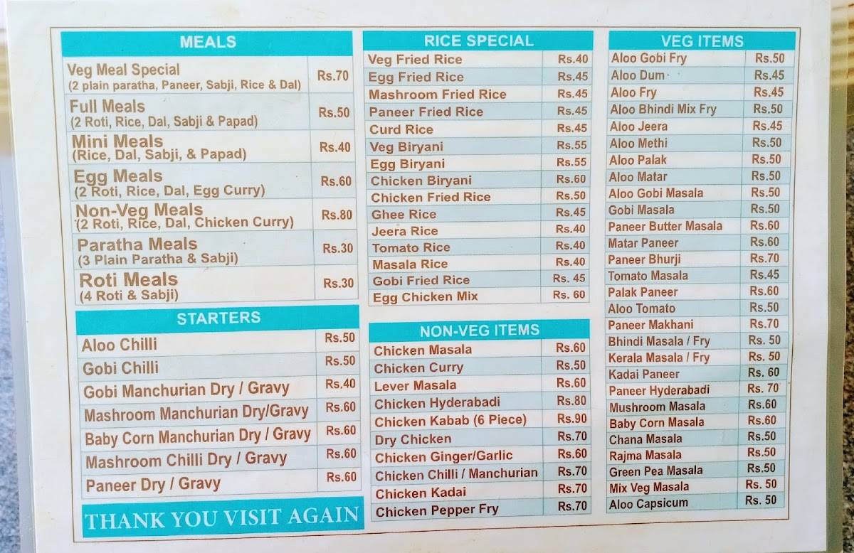 Menu at Food Junction And Paratha Center, Bengaluru, 3FGX+FHC