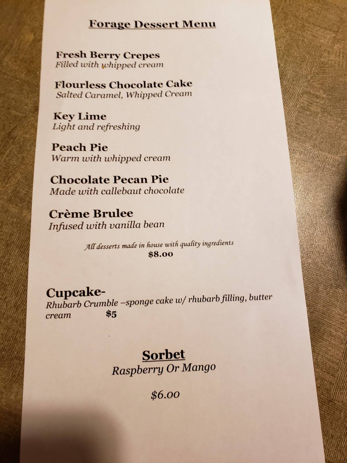Menu at Forage Restaurant, Orangeville