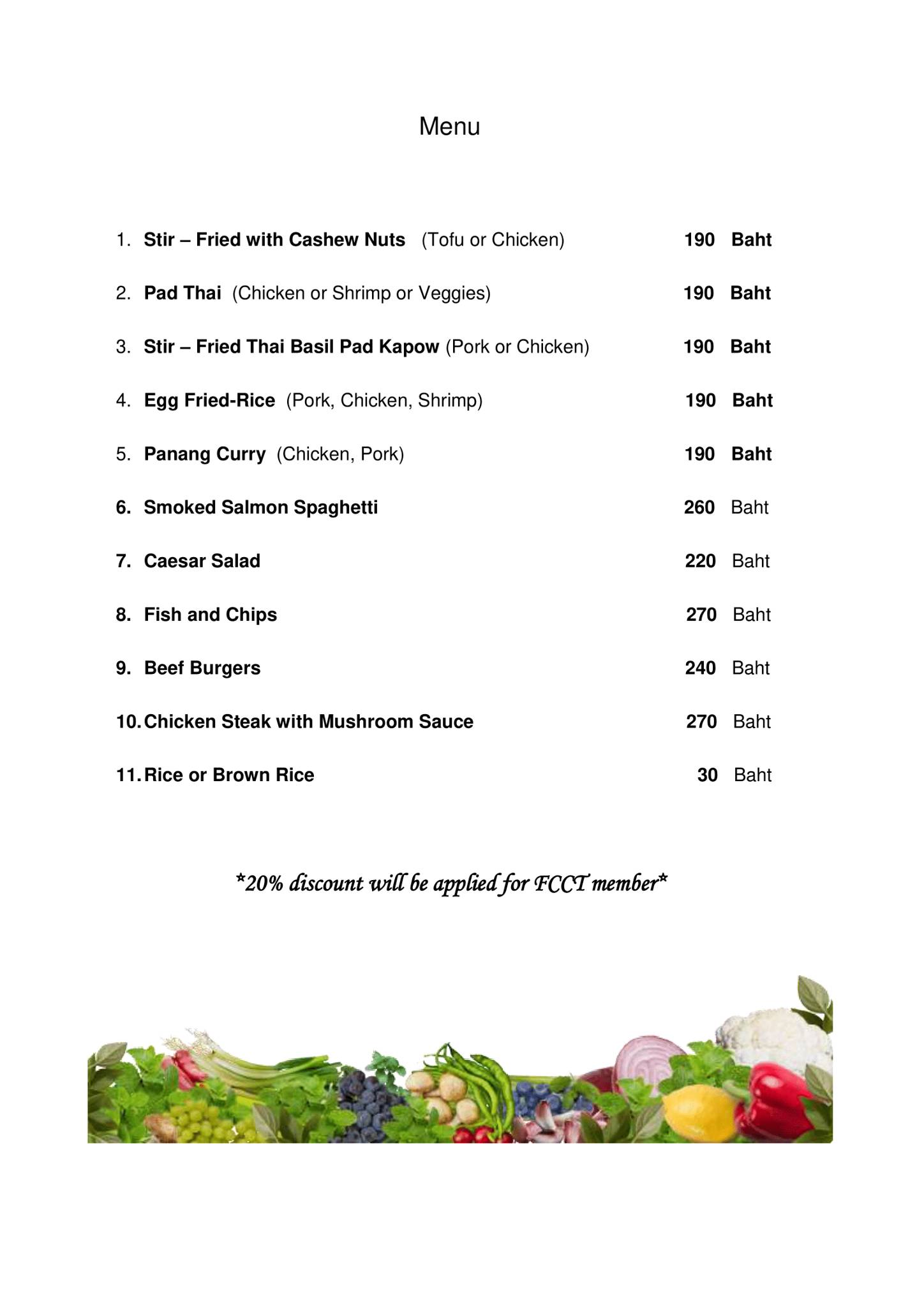 Menu at Foreign Correspondents' Club of Thailand - FCCT, Bangkok