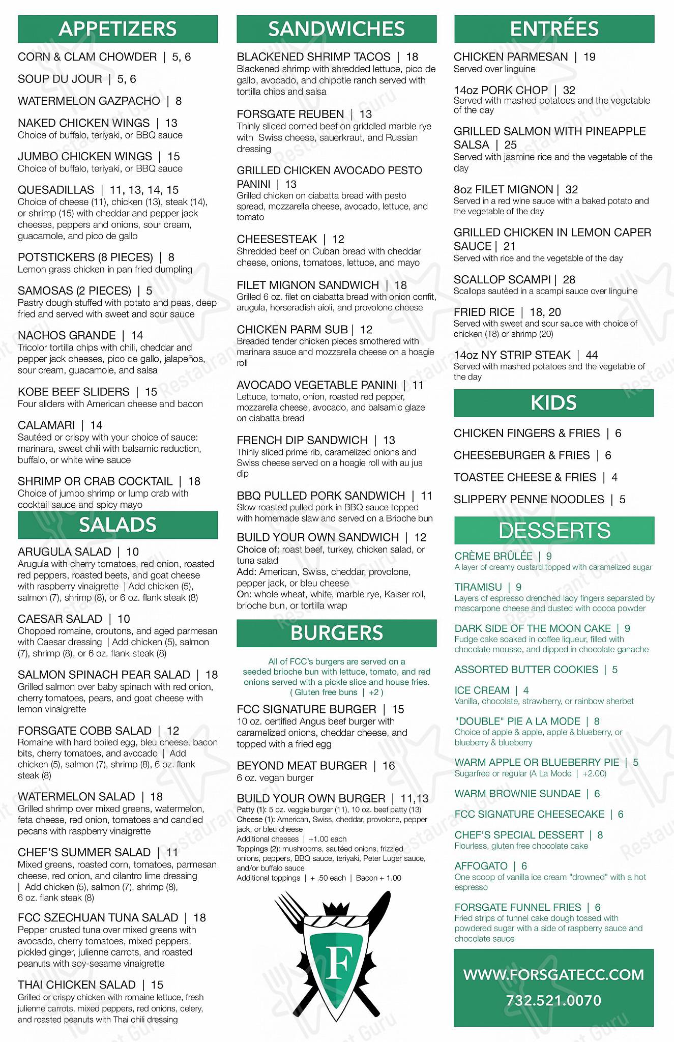 Menu at Forsgate Country Club, Monroe Township