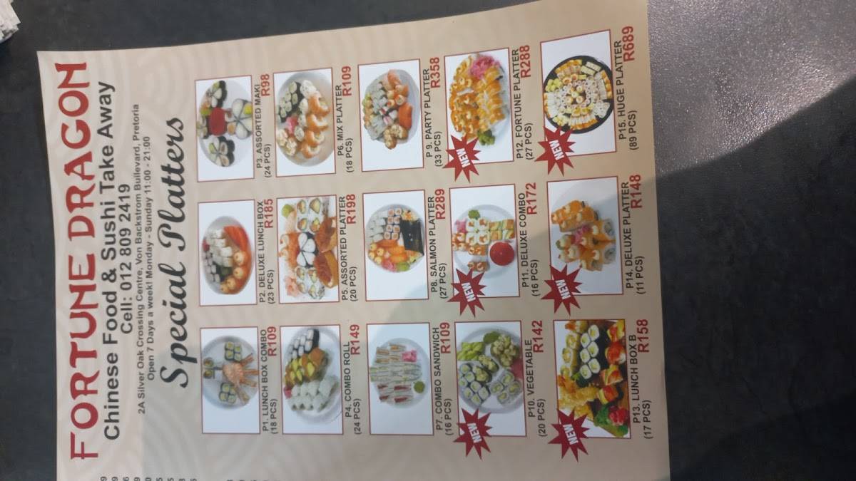 Menu at Fortune Dragon restaurant, Pretoria, Silver Oaks Crossing