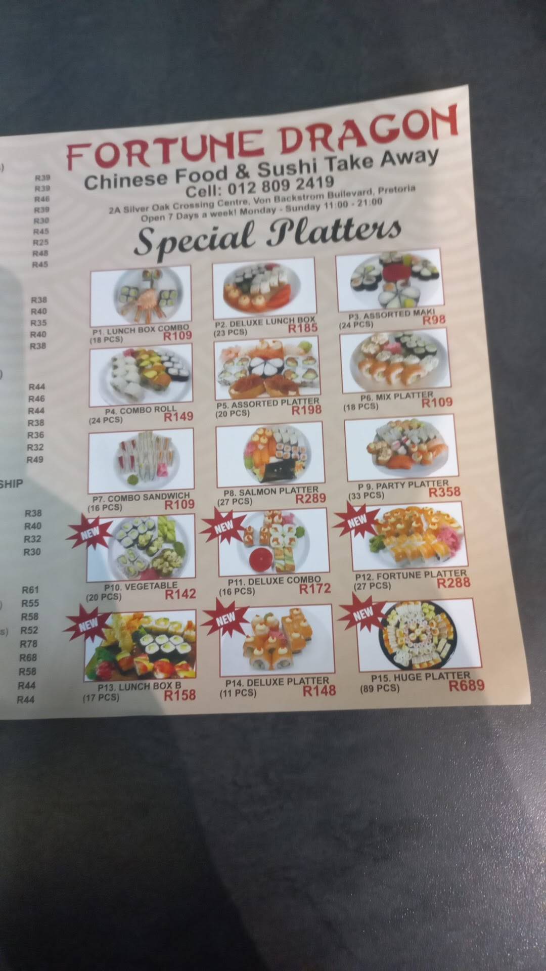 Menu at Fortune Dragon restaurant, Pretoria, Silver Oaks Crossing