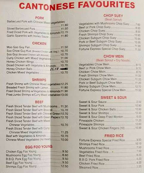 Menu at Fortune Express restaurant, Chatham-Kent