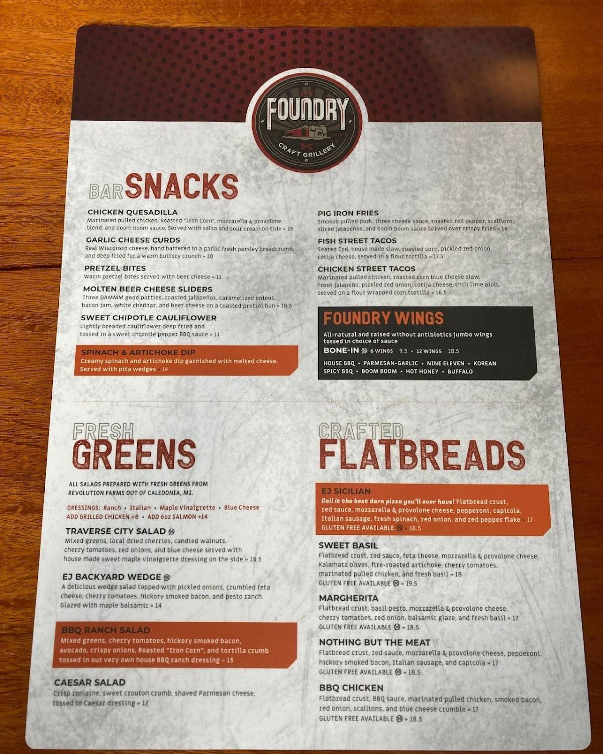 Menu at Foundry Craft Grillery pizzeria, East Jordan