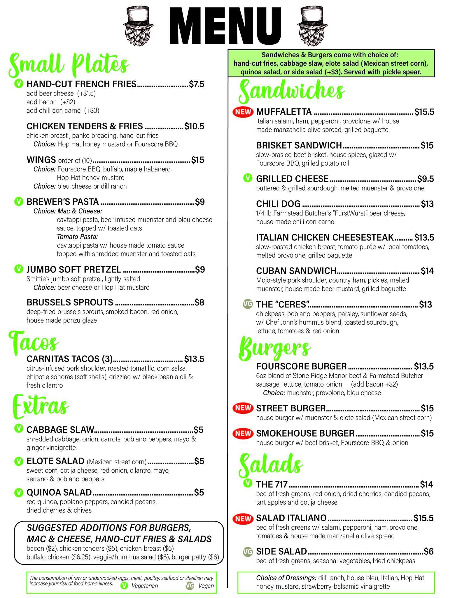 Menu at FourScore Beer Co. pub & bar, Gettysburg
