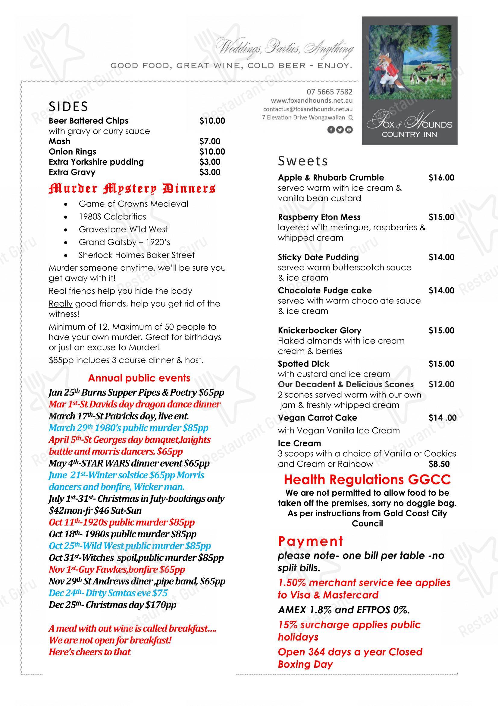Menu at Fox & Hounds restaurant, Wongawallan, 7 Elevation Dr