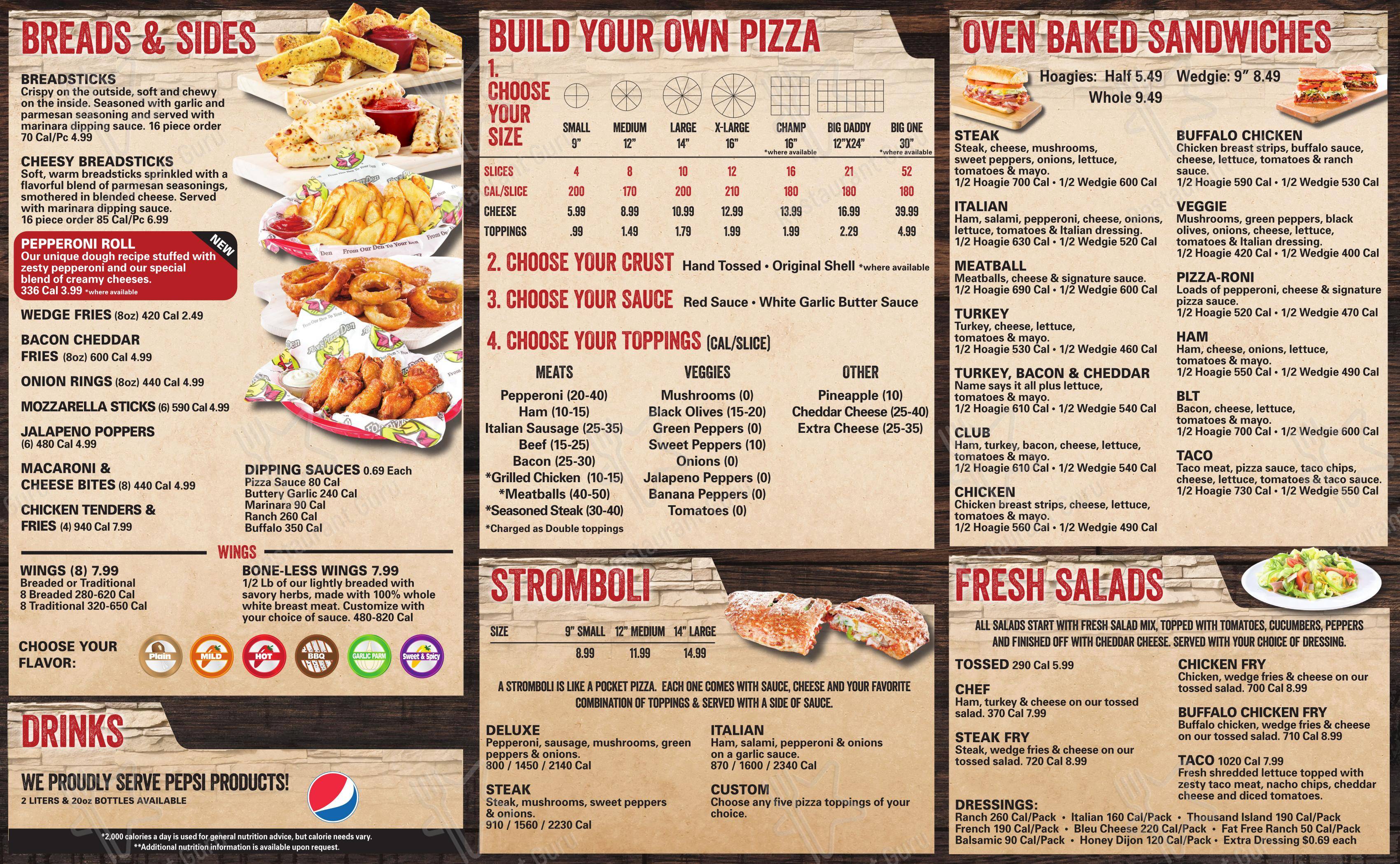 Menu at Fox’s Pizza Den(Anson) pizzeria, Zionsville