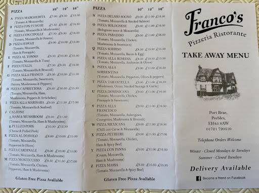 Menu at Franco’s restaurant, Peebles