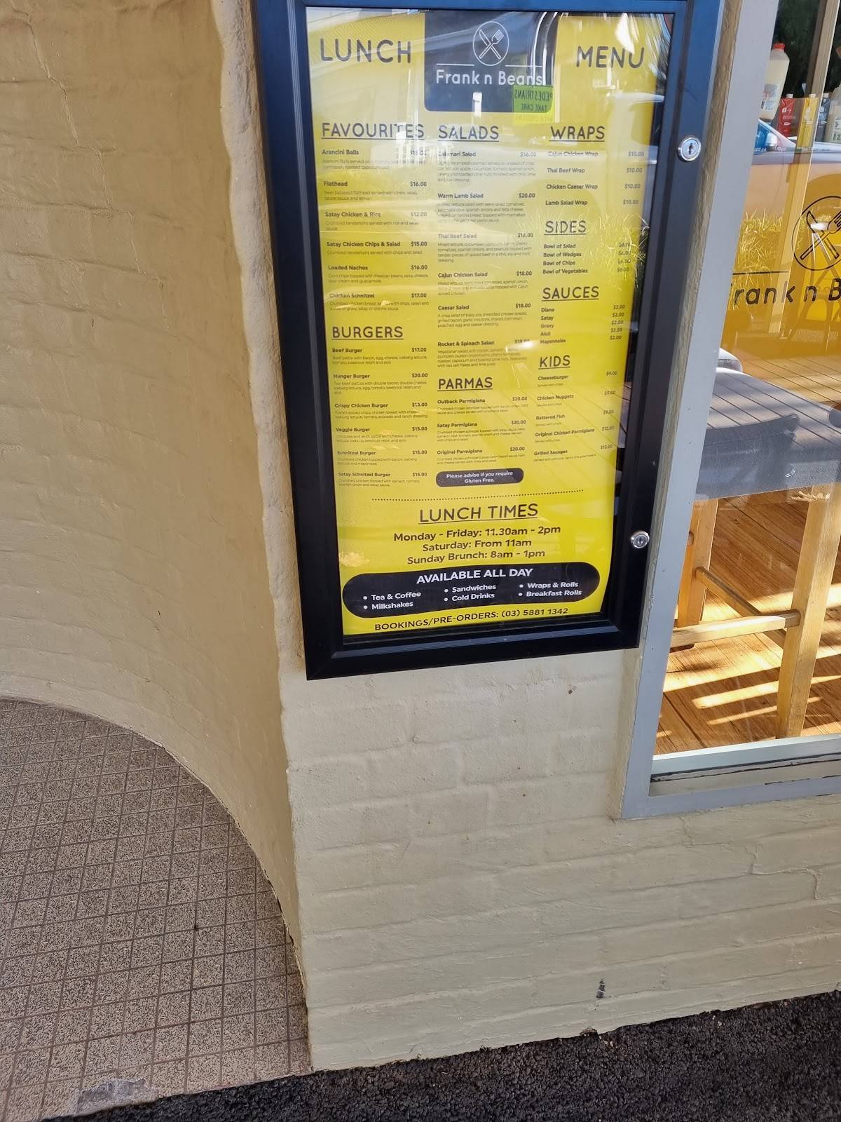 Menu at Frank n Beans restaurant, Deniliquin