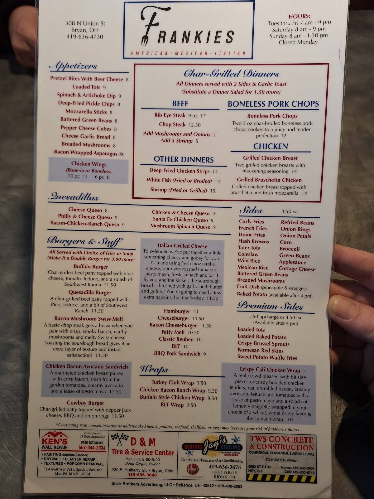Menu at Frankie's pizzeria, Bryan