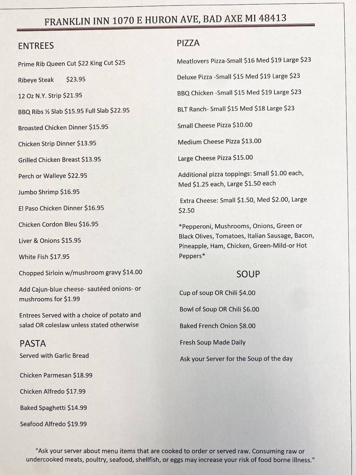 Menu at Franklin Restaurant & Banquet Center, Bad Axe, E Huron Ave
