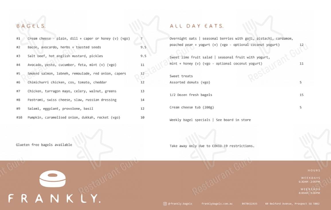 Menu at Frankly Bagels cafe, Prospect