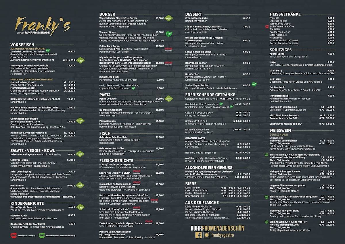Speisekarte von Franky's an der Ruhrpromenade restaurant, Mülheim an ...