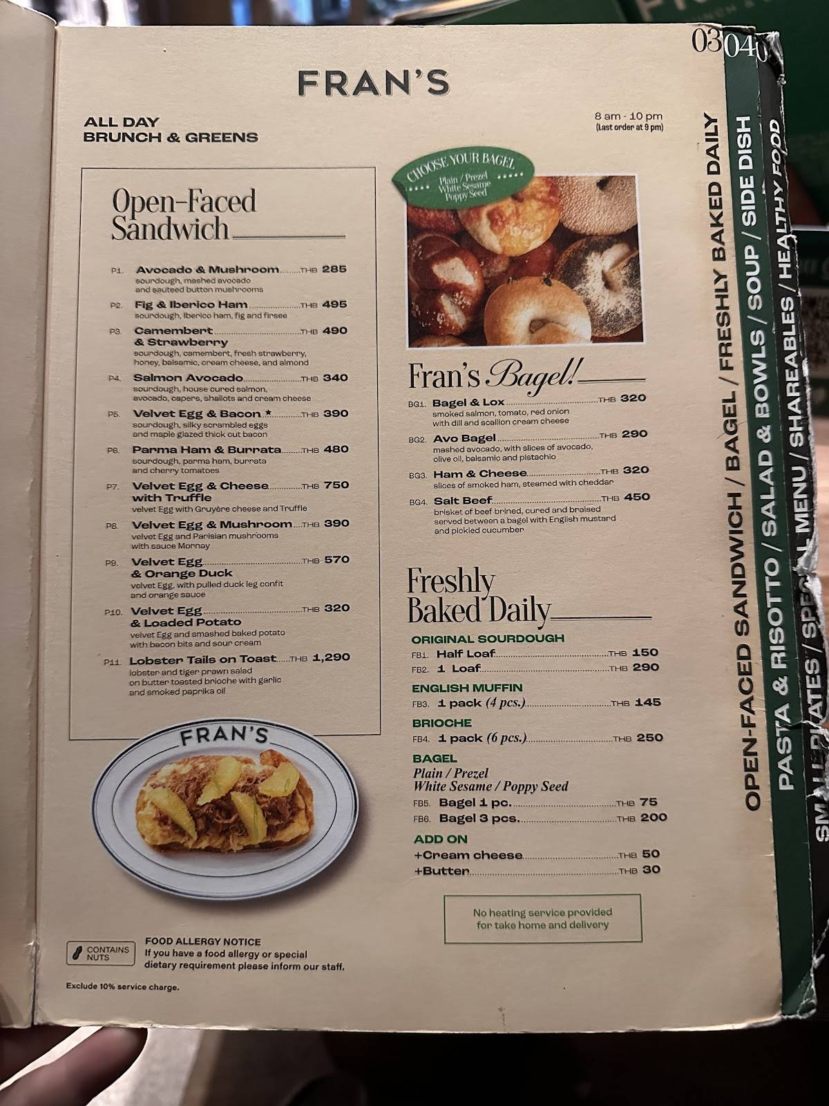 Menu at Fran's restaurant, Bangkok