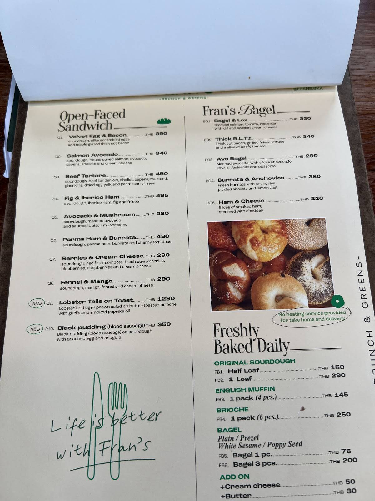 Menu at Fran's restaurant, Bangkok