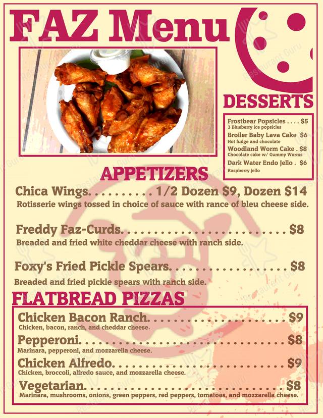 Menu at Freddy Fazbear's Pizza pizzeria, Hurricane