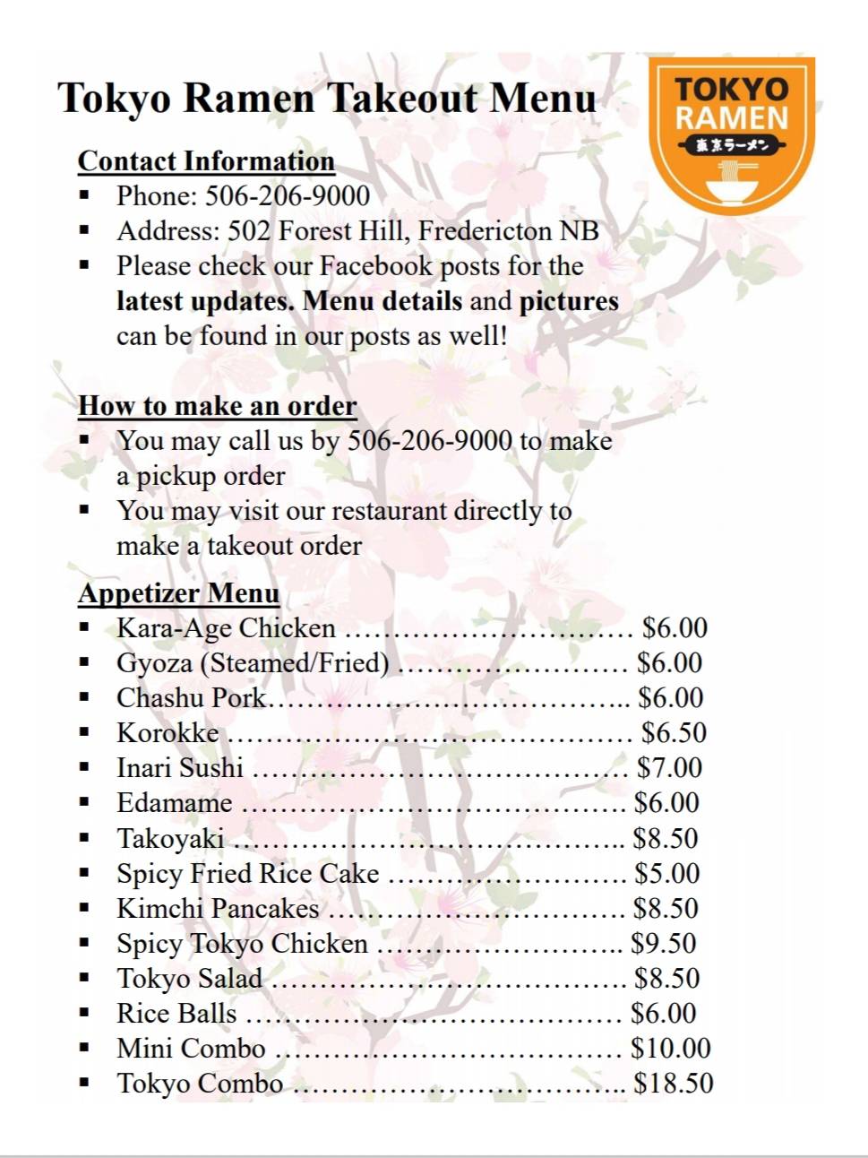 Menu at Tokyo Ramen restaurant, Fredericton