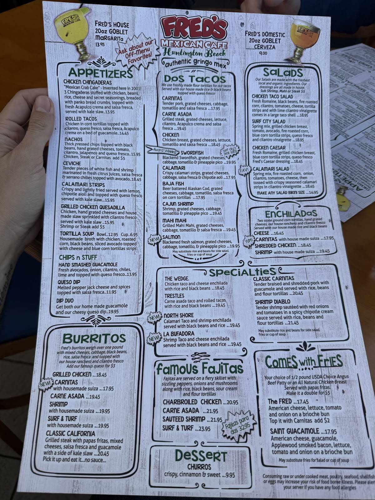Menu at Fred's Mexican Cafe, Huntington Beach