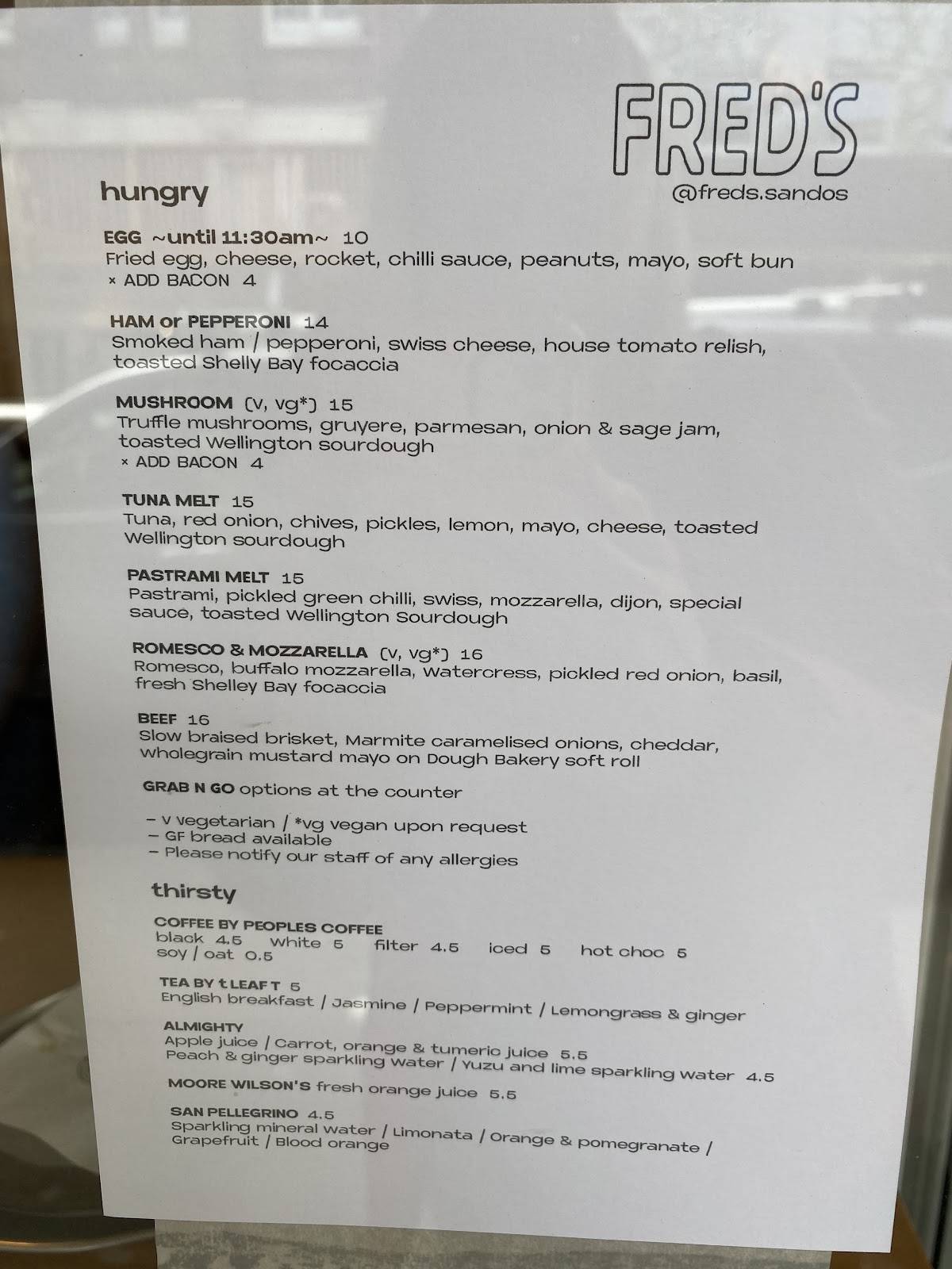 Menu at Fred's Sandwiches cafe, Wellington