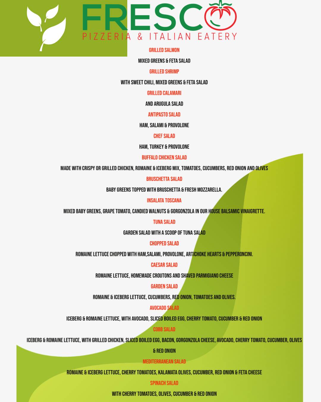 Menu at Fresco Pizzeria & Italian Eatery, Monroe Township