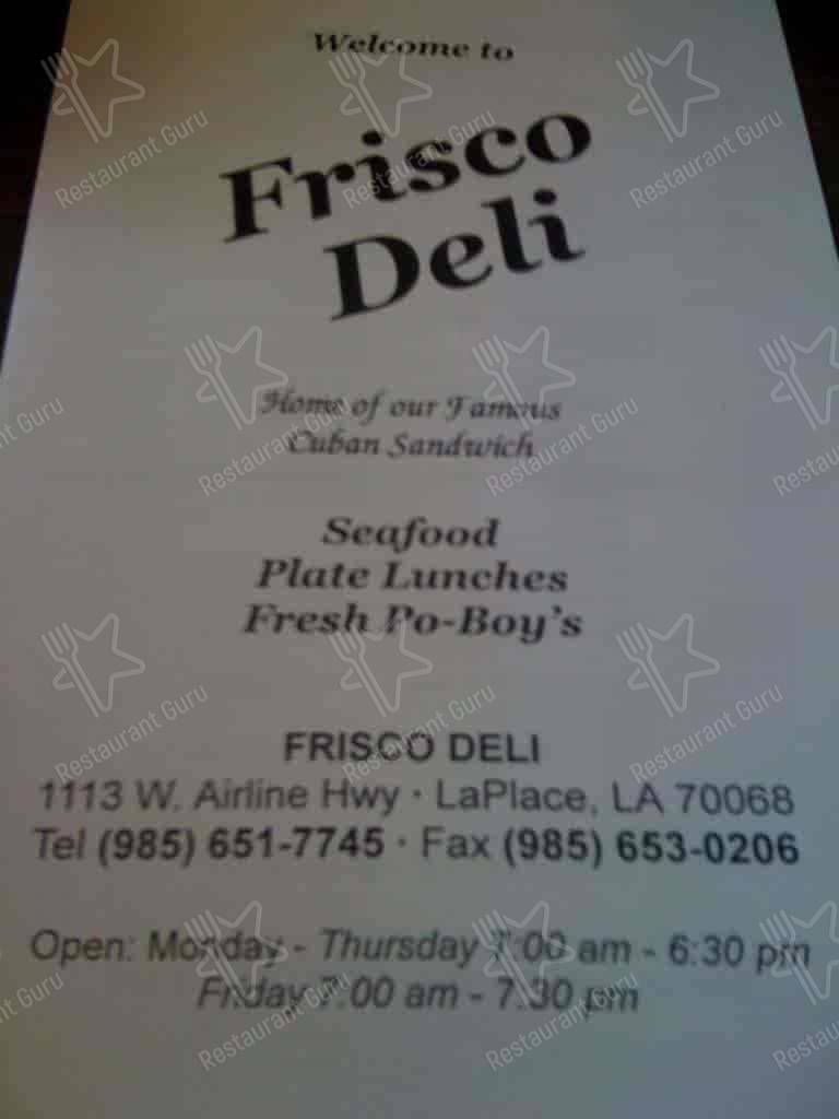 Menu at Frisco Deli restaurant, LaPlace, W Airline Hwy