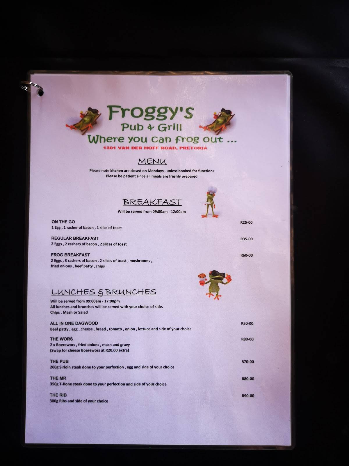 Speisekarte von Froggy's Pub & Grill, Pretoria