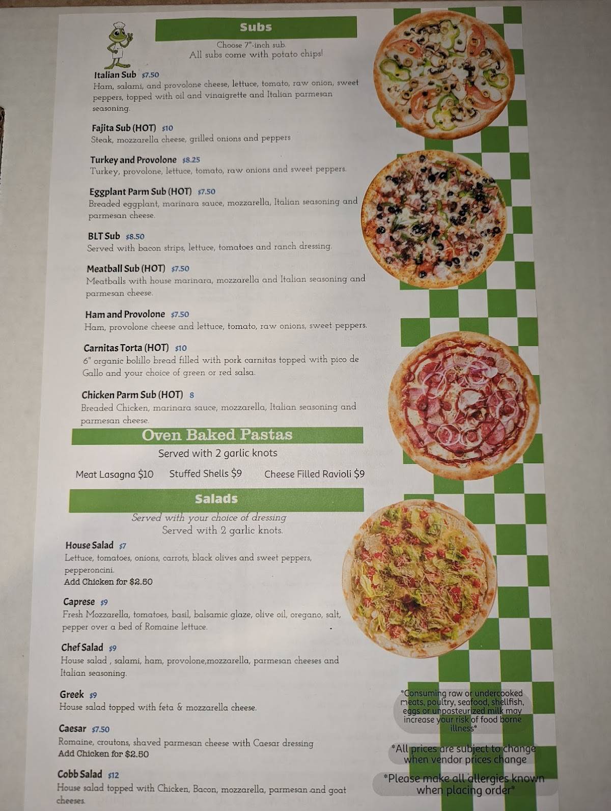 Menu at Froggy’s pizzeria, Cape Charles