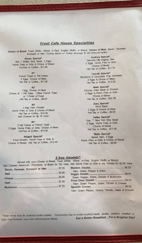 Menu at Frost Cafe, Culpeper