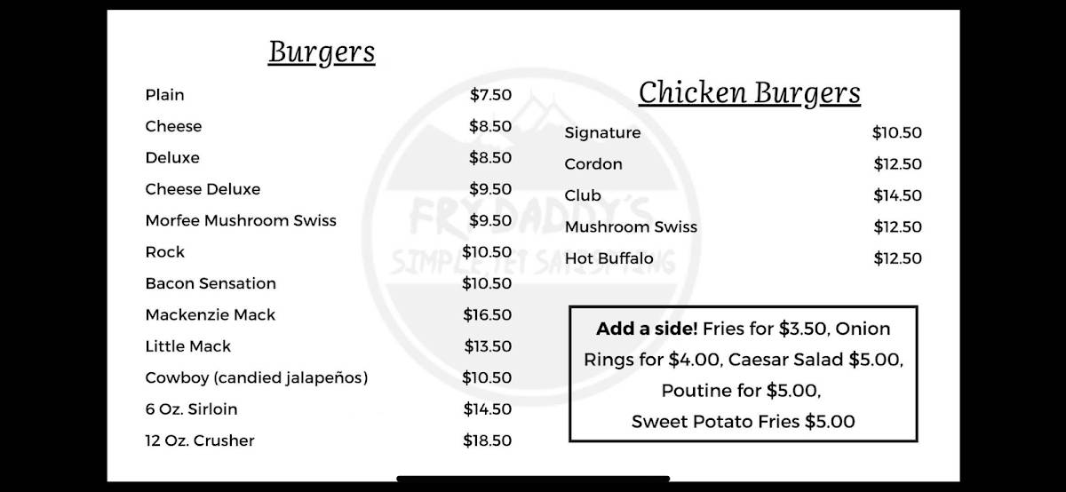 Menu at Fry Daddys restaurant, Mackenzie