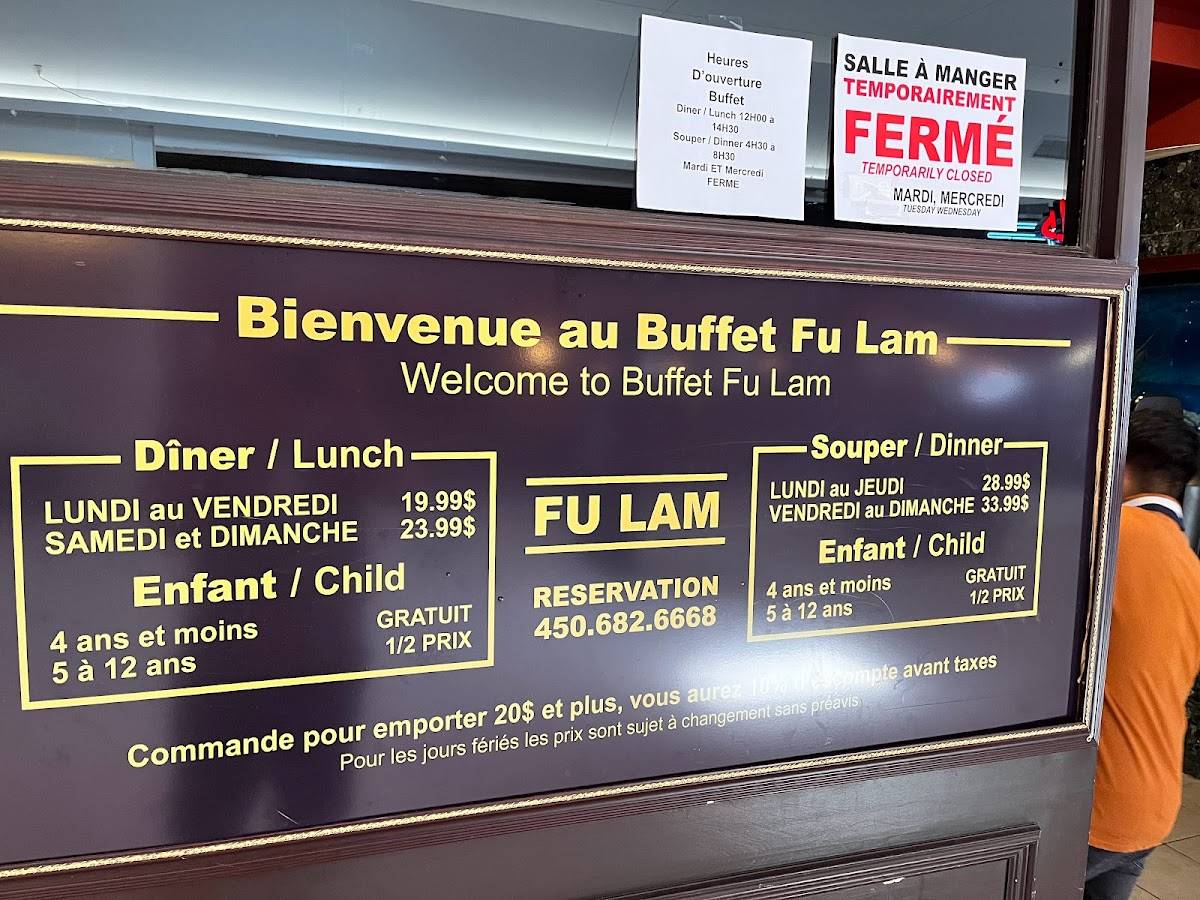 Menu au Fu Lam restaurant, Laval, Boul. le Corbusier local 74-78