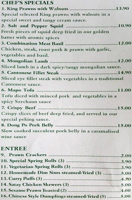 Menu at Fu Lin restaurant, Goodwood