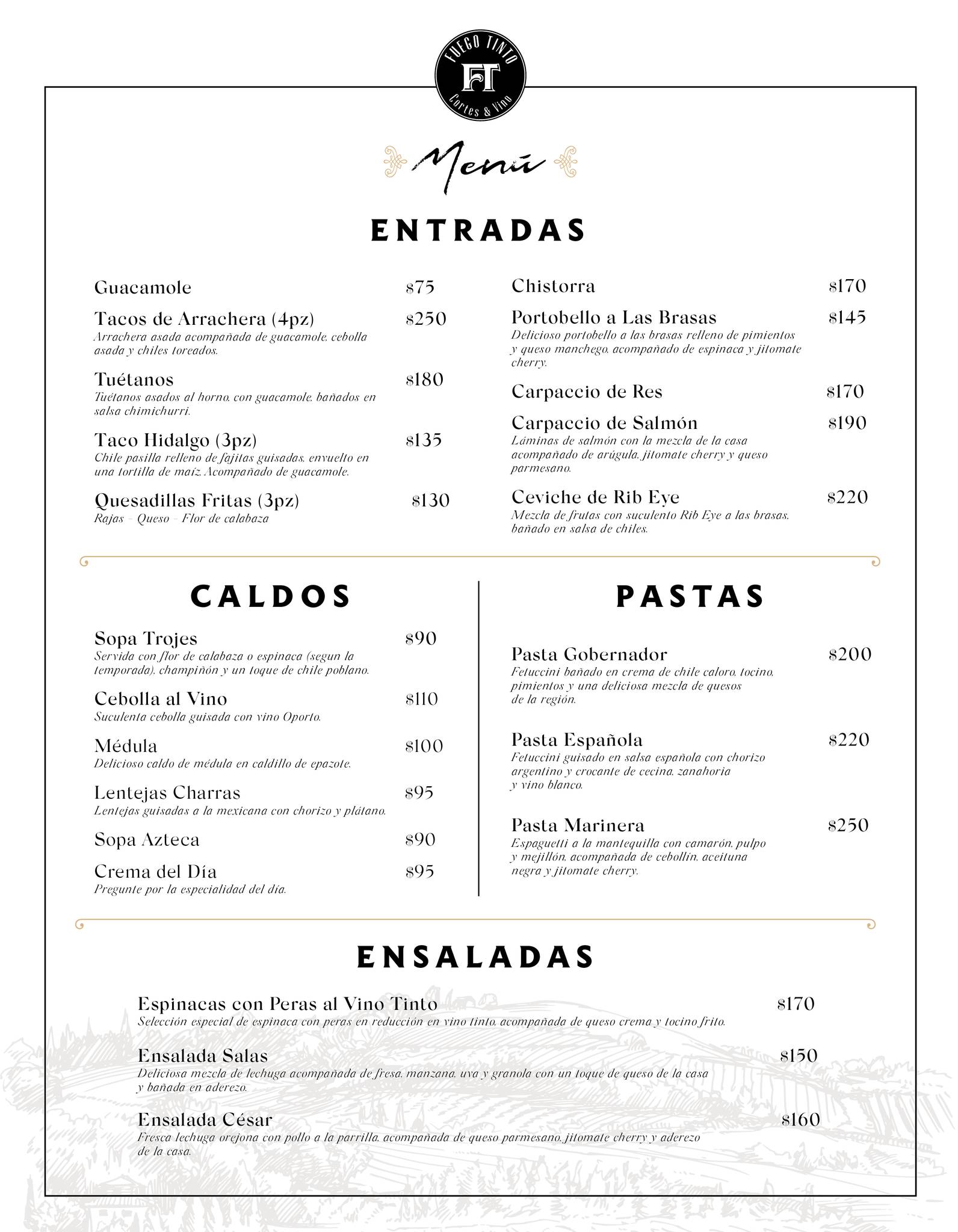 Menu at Fuego Tinto restaurant, Dolores Hidalgo, Carr
