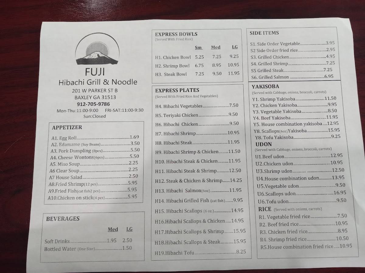 Menu at Fuji Hibachi Grill & Noodle restaurant, Baxley, 201 W Parker St A