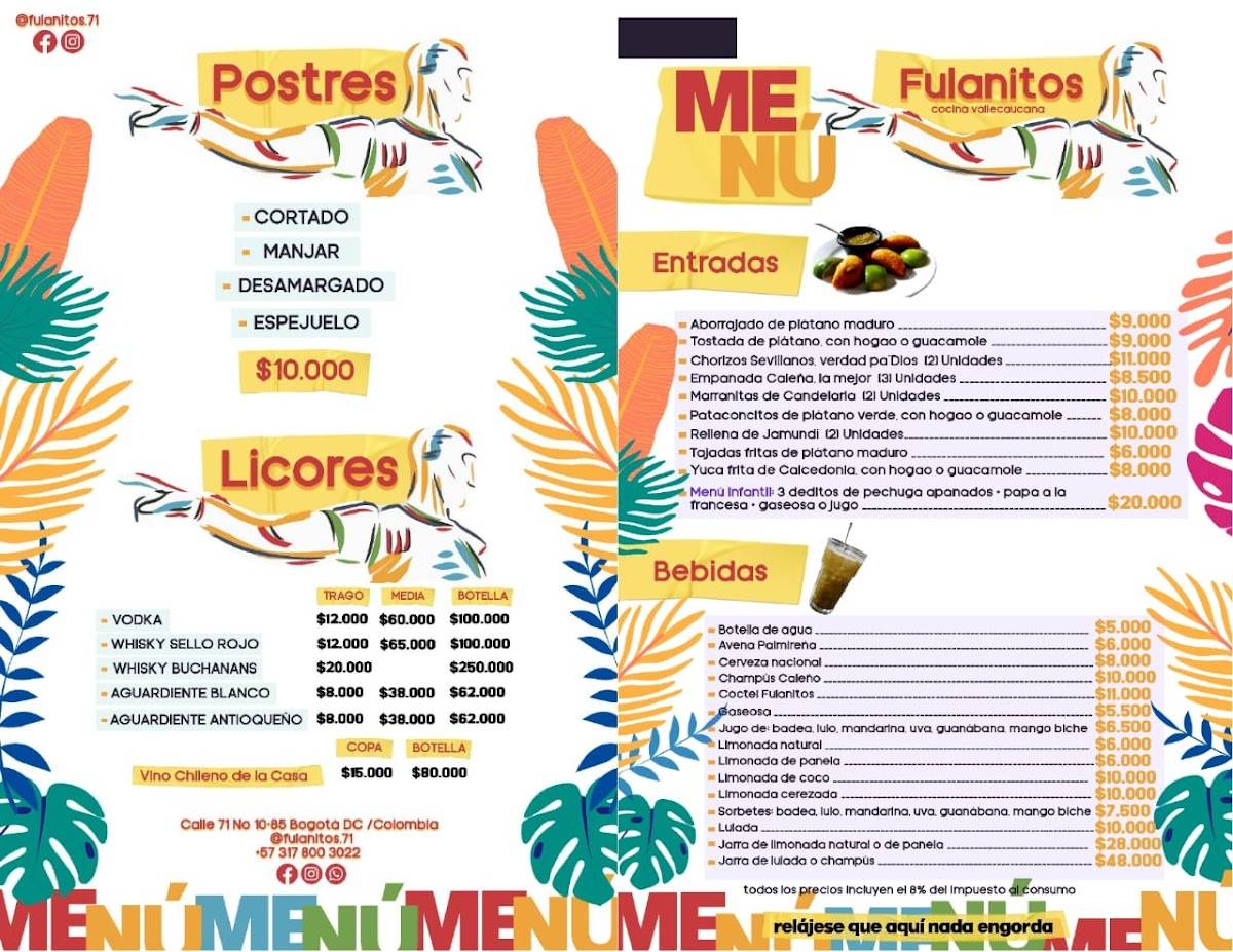 Carta del restaurante Fulanitos ( calle 71), Bogotá, Cl. 71 #10-85