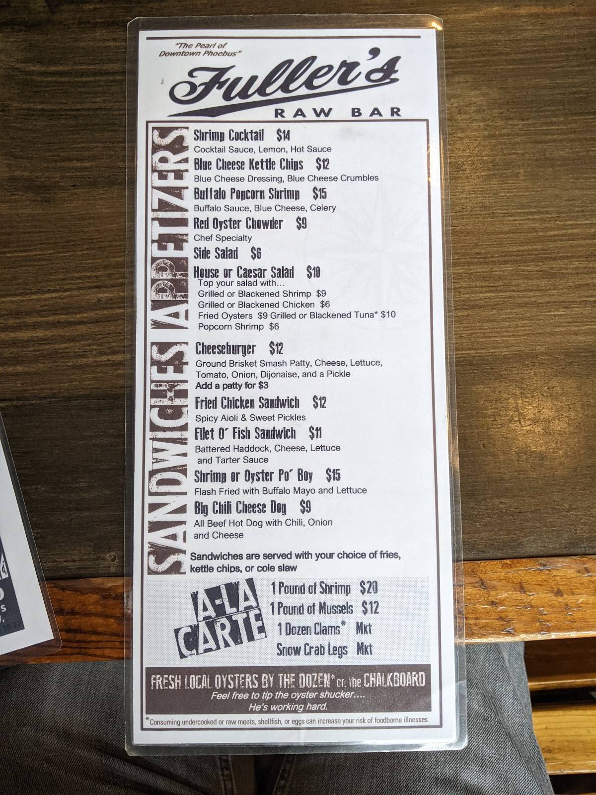 Menu at Fuller's Raw Bar, Hampton