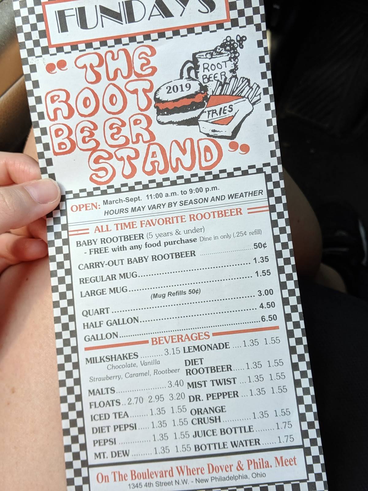 Menu at Funday's, The Root Beer Stand restaurant, New Philadelphia