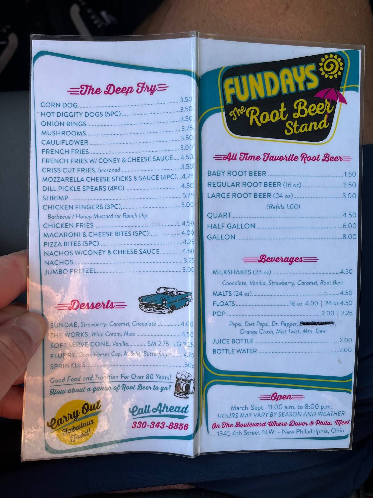 Menu at Funday's, The Root Beer Stand restaurant, New Philadelphia