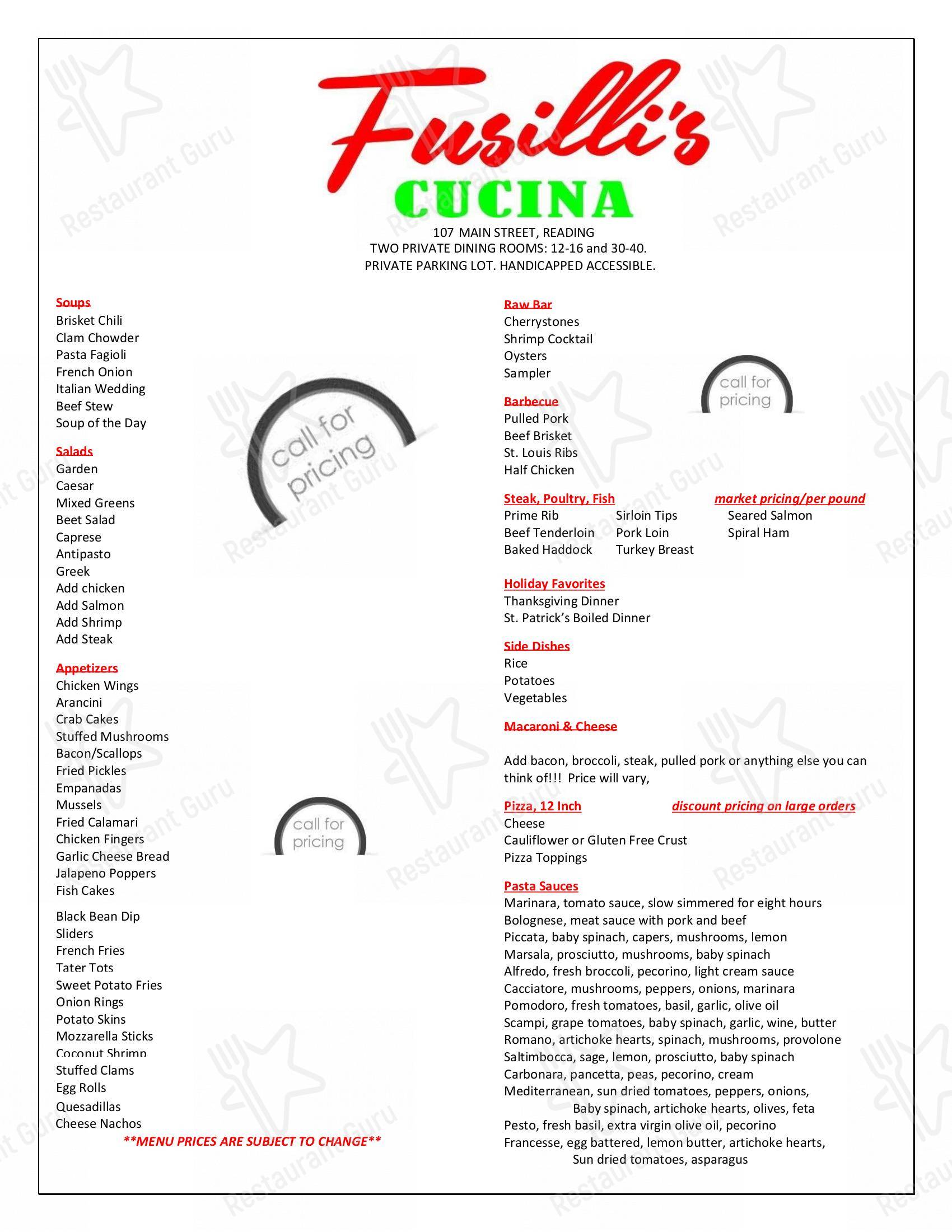 Menu at Fusilli's Cucina restaurant, Reading