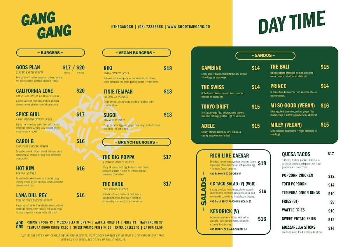 Menu at GANG GANG fast food, Parkside