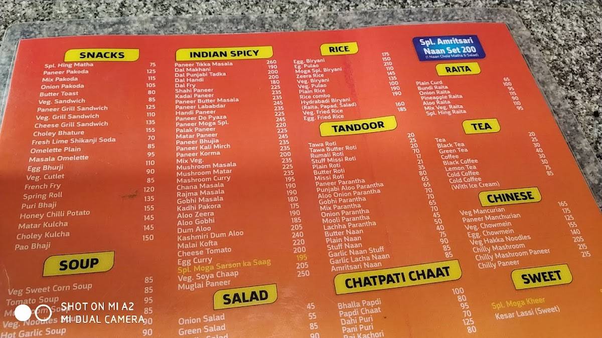 Menu at Moga Punjabi Tadka, Gajraula, National Highway 24