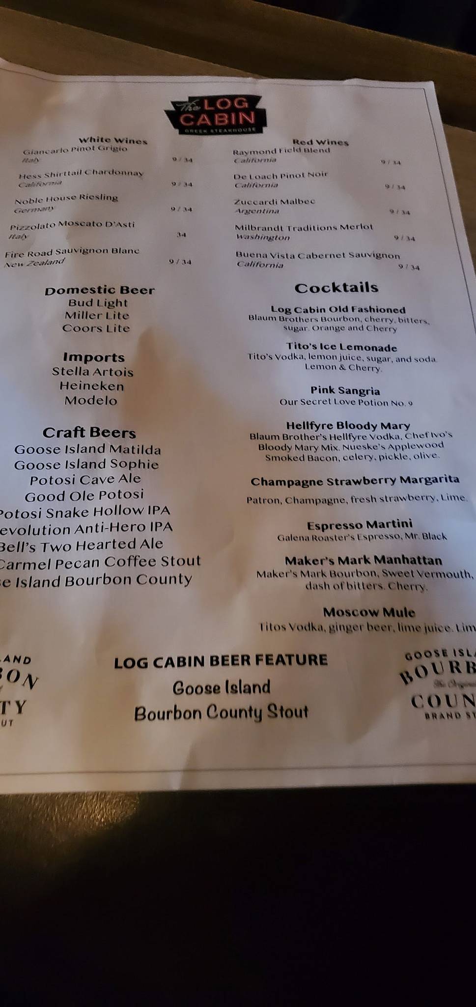 Menu at Log Cabin Steakhouse, Galena