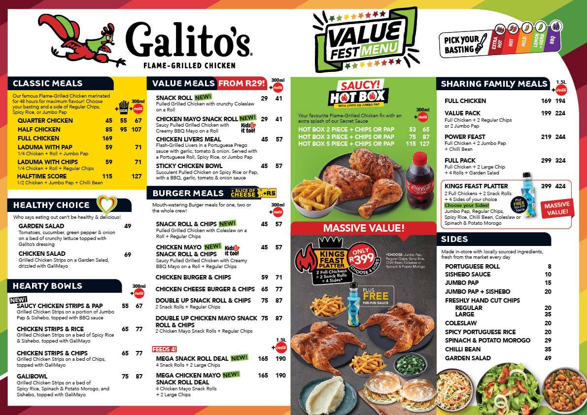 Menu at Galito's Mahwelereng restaurant, Mokopane, Dudu Madisha Dr